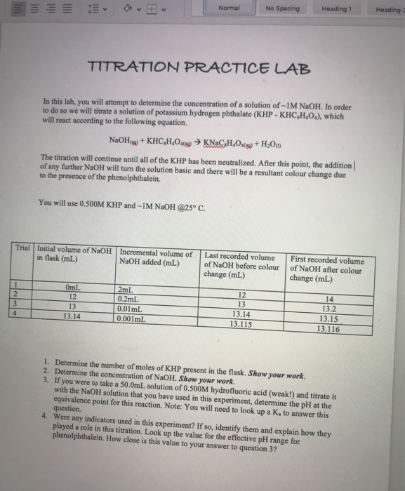 Solved Normal No Spacing Heading 1 Heading TITRATION | Chegg.com