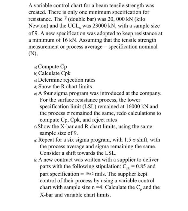 Solved A variable control chart for a beam tensile strength | Chegg.com