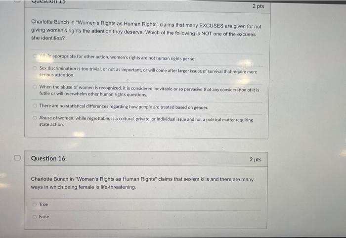 Question 2 pts Charlotte Bunch in "Women's Rights as | Chegg.com