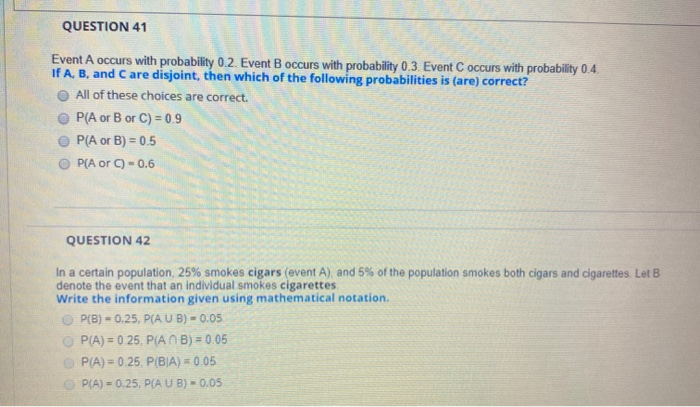 Solved QUESTION 41 Event A occurs with probability 0.2. | Chegg.com