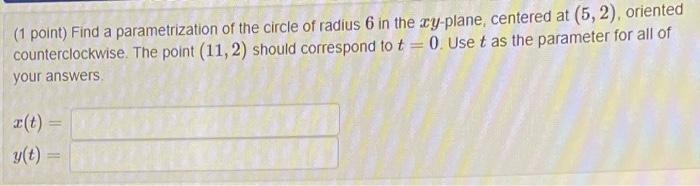 Solved (1 point) Find a vector parametrization of the circle | Chegg.com