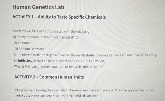 Solved HUMAN GENETICS LAB ACTIVITY 1 - Ability to Taste | Chegg.com
