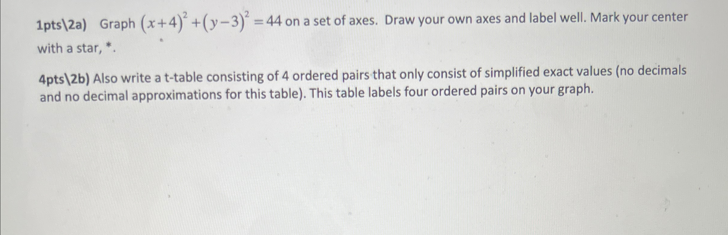 Solved 1pts\2a) ﻿Graph (x+4)2+(y-3)2=44 ﻿on a set of axes. | Chegg.com