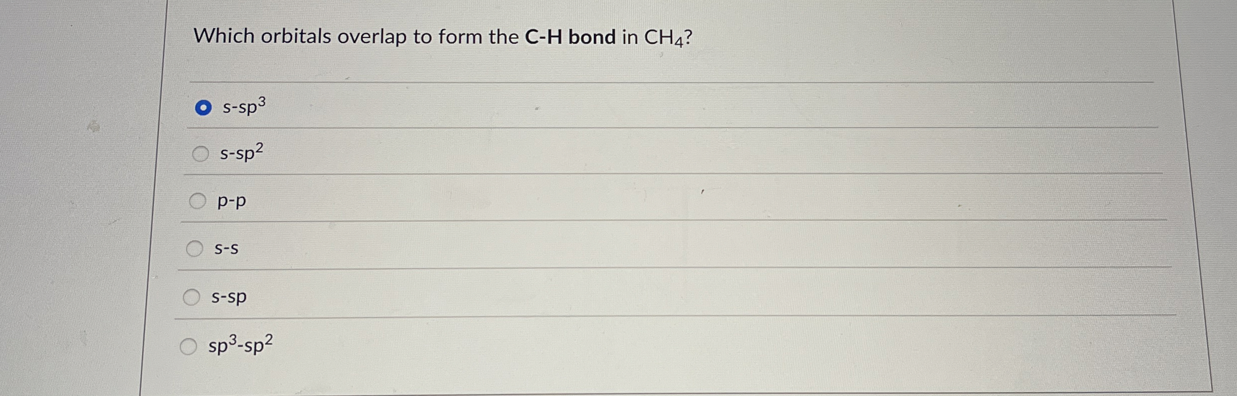 Solved Which orbitals overlap to form the C-H bond in | Chegg.com