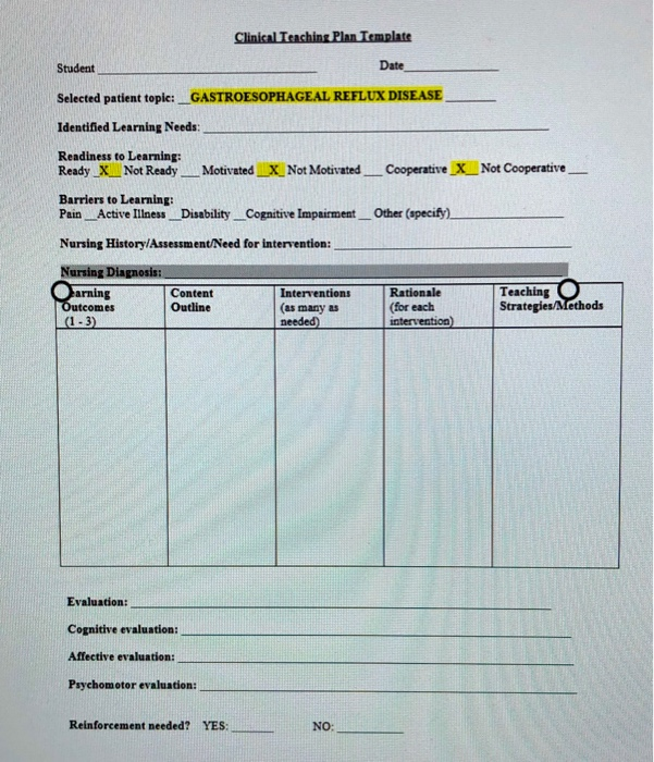 Solved Clinical Teaching Plan Template Student Date Selected | Chegg.com