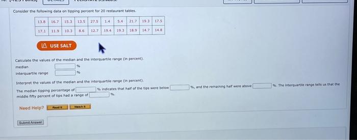 Solved Consider the following data on tipping percent for 20 | Chegg.com