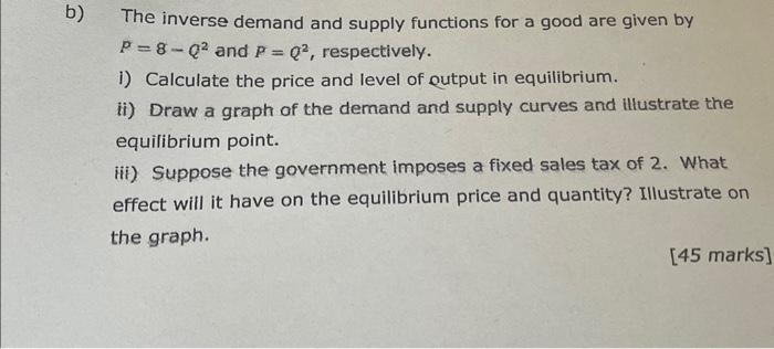 Solved The inverse demand and supply functions for a good | Chegg.com
