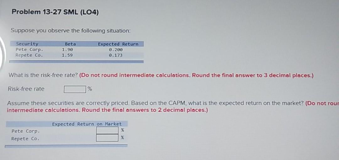 Solved Problem 13-27 SML (LO4) Suppose you observe the | Chegg.com Solved Problem 13-27 SML (LO4) Suppose you observe the | Chegg.com