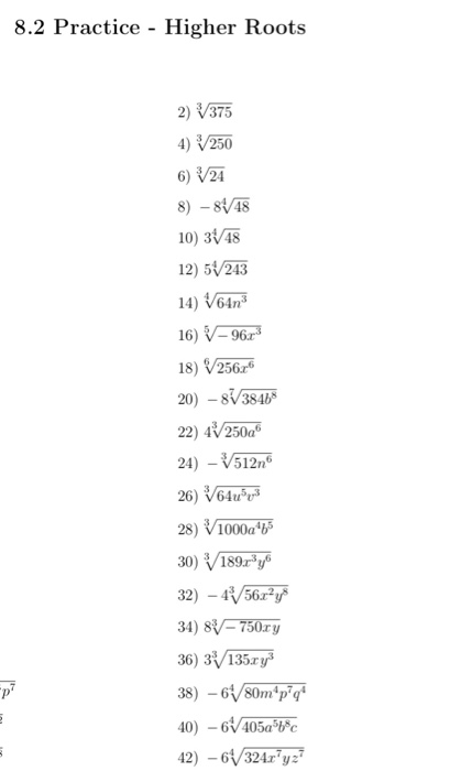 Solved 8.2 Practice - Higher Roots 2) V375 4) V250 6) V24 8) | Chegg.com