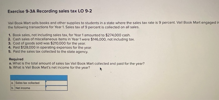 Solved Exercise 9-3A Recording sales tax LO 9-2 Vail Book | Chegg.com