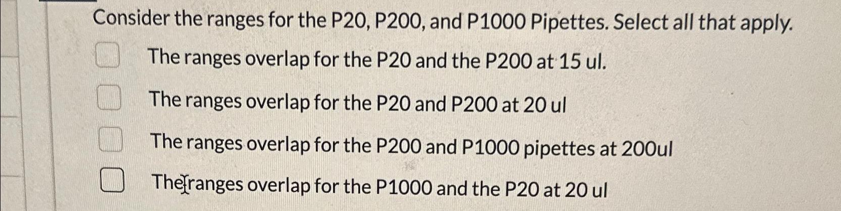 Solved Consider the ranges for the P20, ﻿P200, ﻿and P1000 | Chegg.com