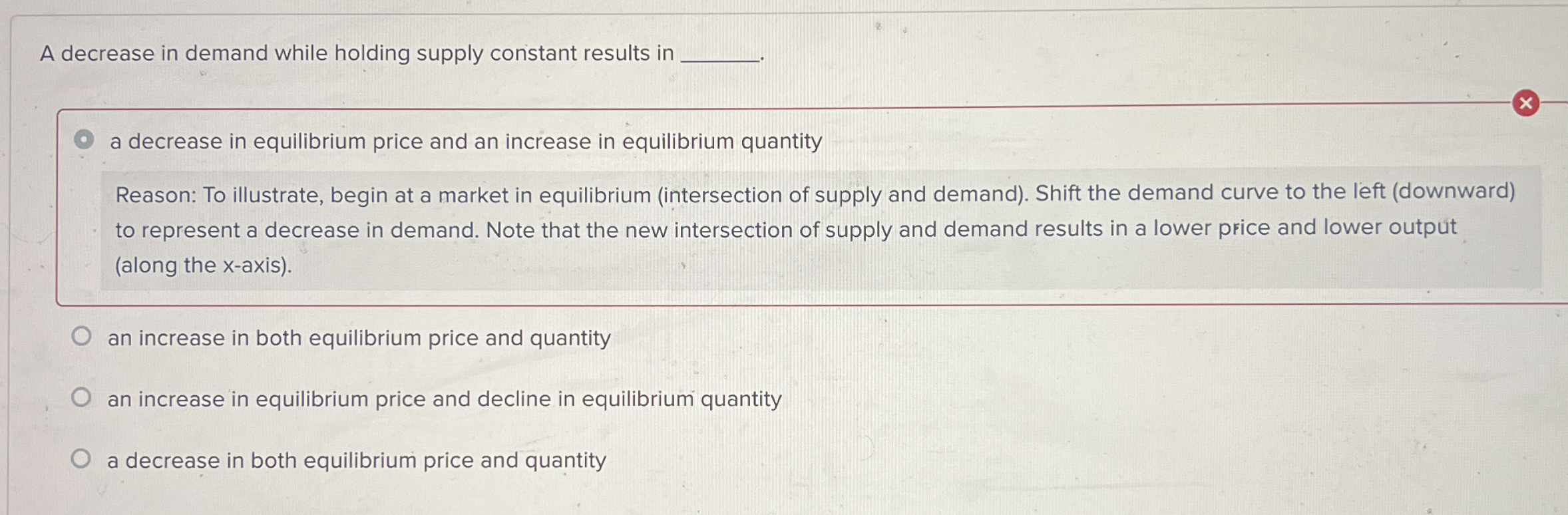 Solved A decrease in demand while holding supply constant | Chegg.com