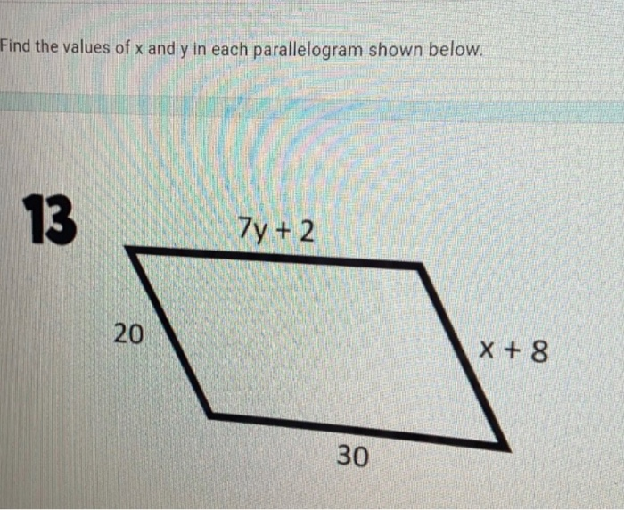 Solved Find the values of x and y in each parallelogram | Chegg.com