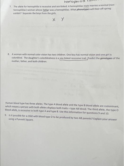 Solved hemophill 7. The allele for hemophilia is recessive | Chegg.com