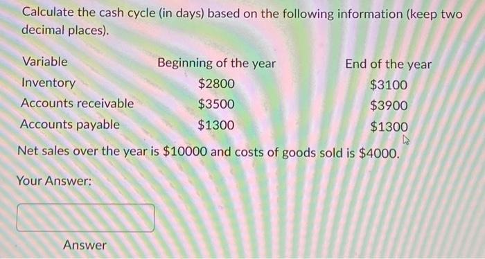 Solved Calculate the cash cycle (in days) based on the | Chegg.com