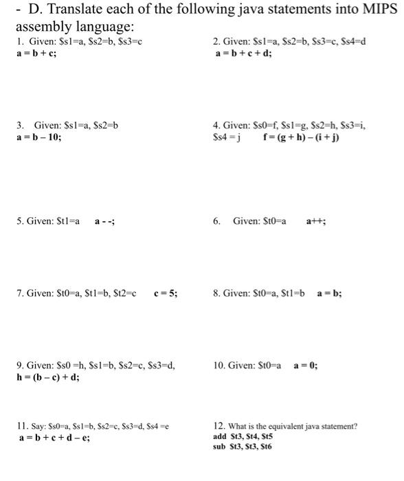 Solved - D. Translate each of the following java statements | Chegg.com
