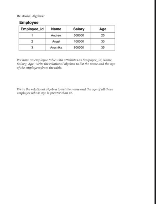 Solved Relational Algebra? Employee Employee_id Name Salary | Chegg.com