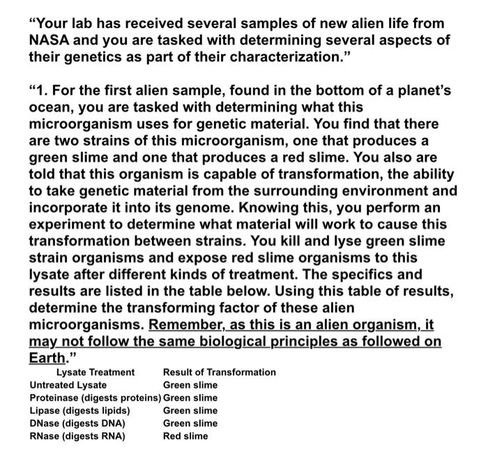 Solved "Your lab has received several samples of new alien | Chegg.com
