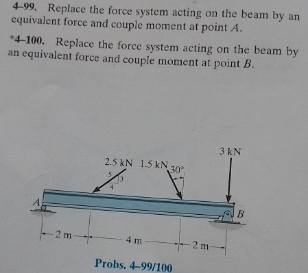 Solved 4-99. ﻿Replace the force system acting on the beam by | Chegg.com