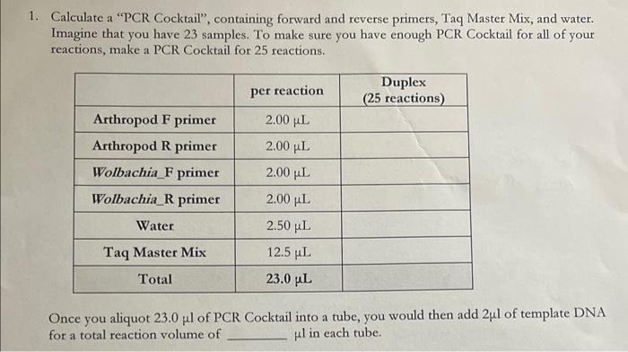 Solved Calculate a "PCR Cocktail" containing forward and | Chegg.com