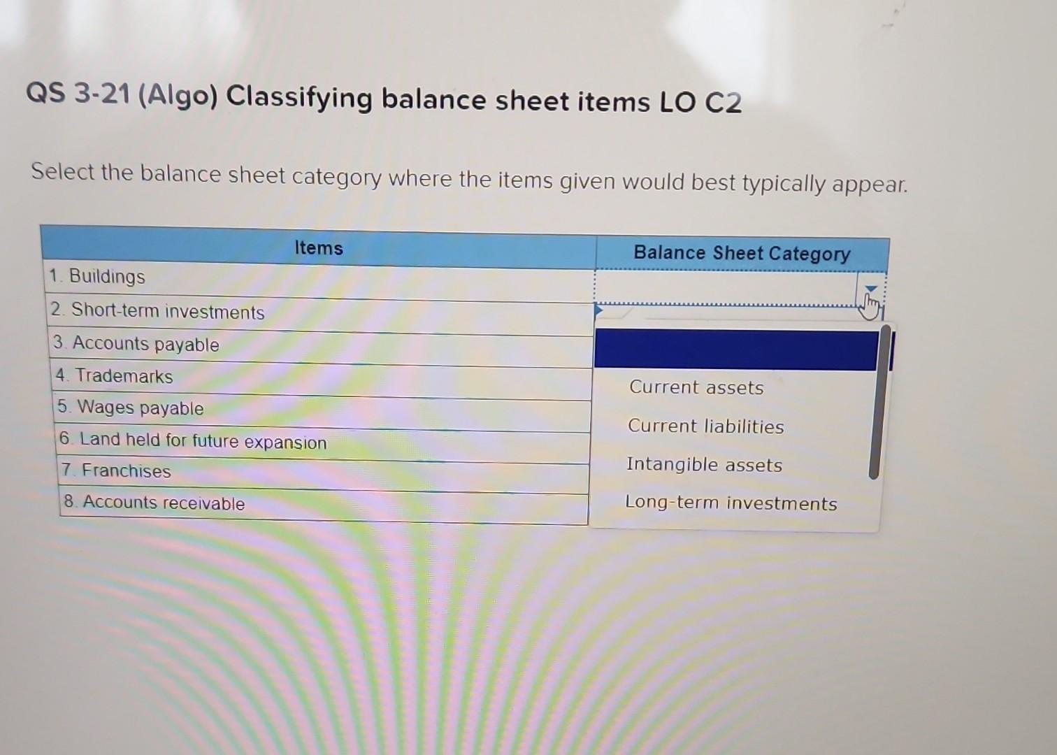 Solved QS 3-21 (Algo) Classifying balance sheet items LO C2 | Chegg.com