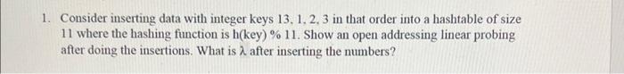 Solved 1. Consider inserting data with integer keys 13. 1. | Chegg.com Solved 1. Consider inserting data with integer keys 13. 1. | Chegg.com