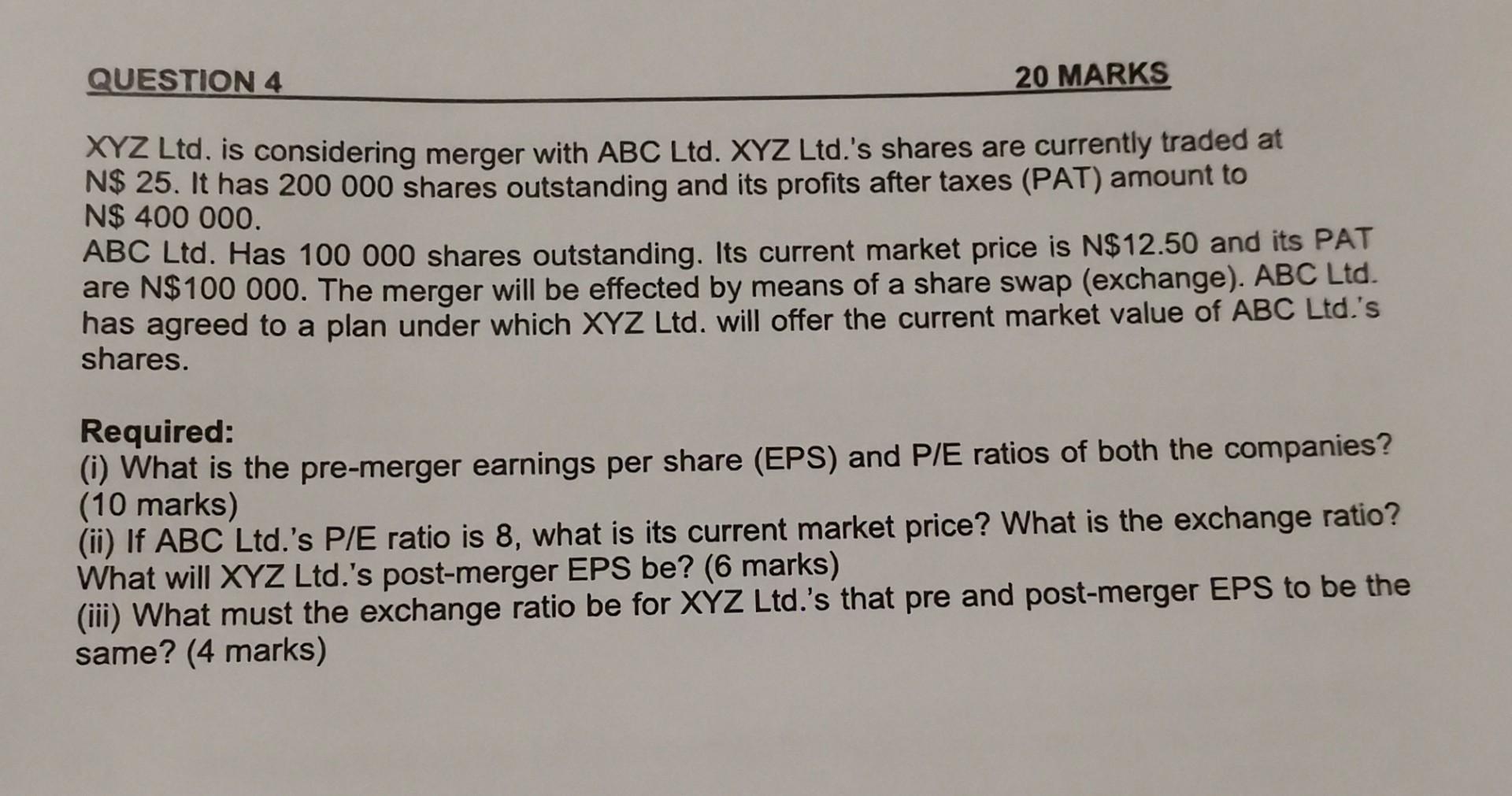 Solved XYZ Ltd. is considering merger with ABC Ltd. XYZ | Chegg.com