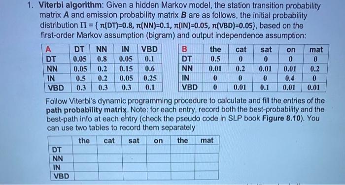 - on 1. Viterbi algorithm: Given a hidden Markov | Chegg.com