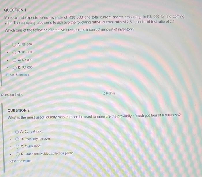 Solved QUESTION 1 Mimosa Ltd expects sales revenue of R20 | Chegg.com