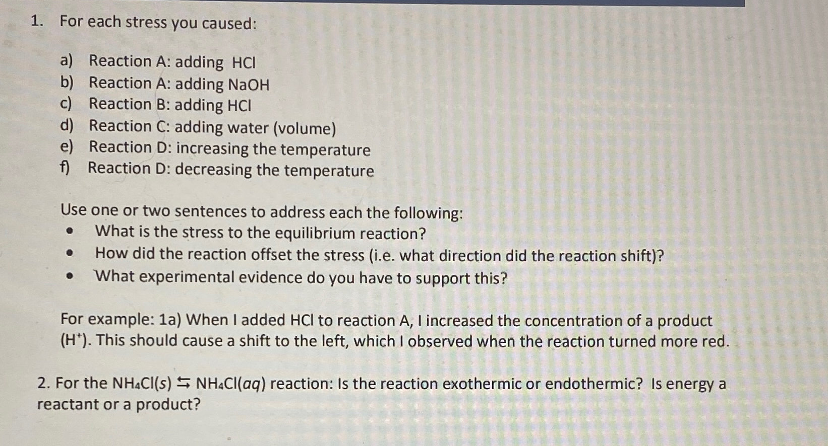 Solved For each stress you caused:a) ﻿Reaction A ﻿: adding | Chegg.com