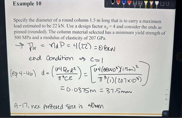 Solved Repeat Example 10 with l=375 mm. (Hint: If the column | Chegg.com