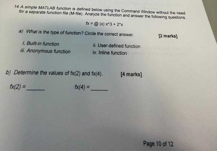 14. A simple MATLAB function is defined below using | Chegg.com