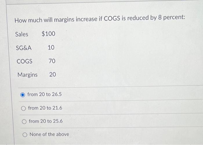 Solved How much will margins increase if COGS is reduced by | Chegg.com