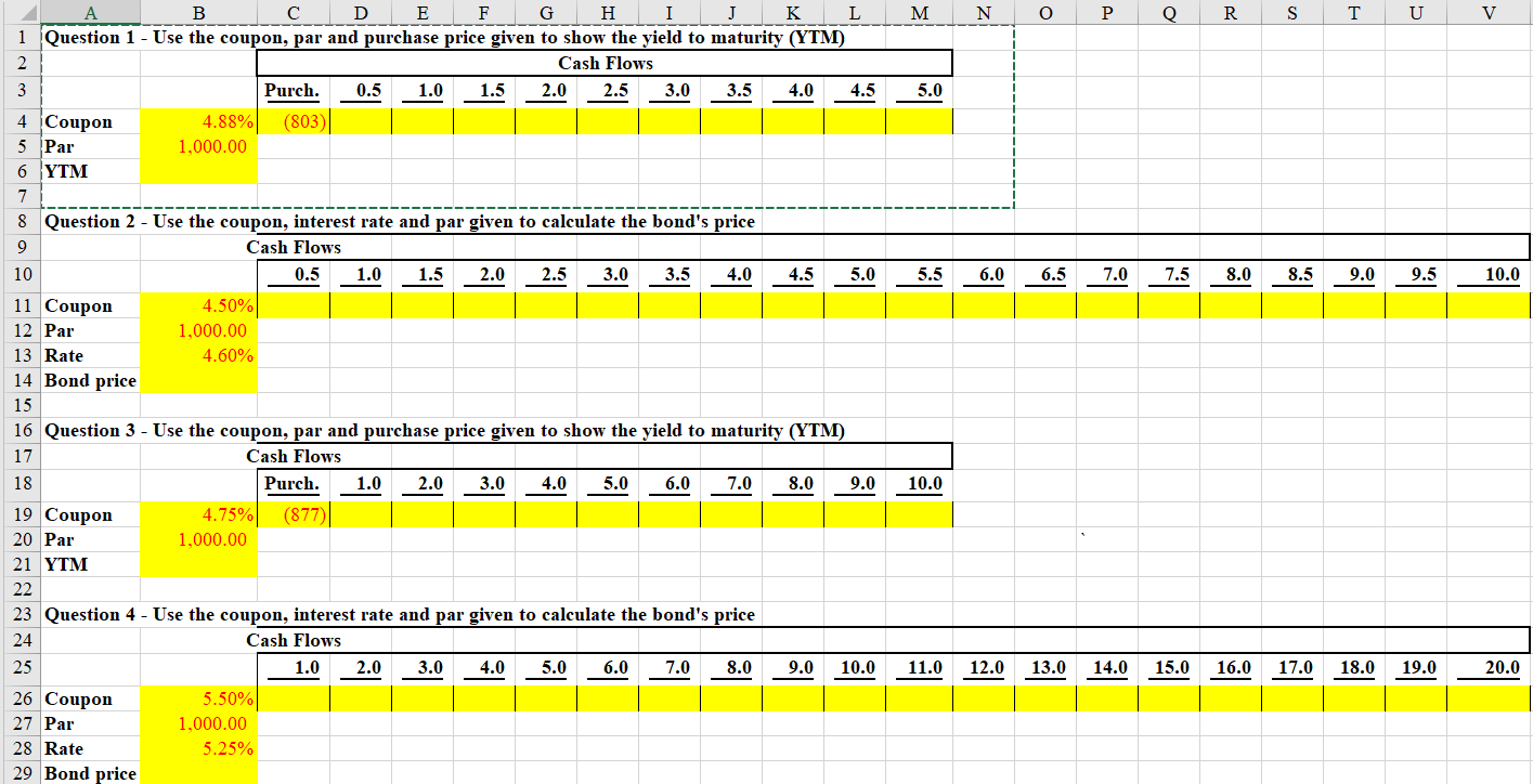 Solved Help filling in yellow areas with excel formulas for | Chegg.com