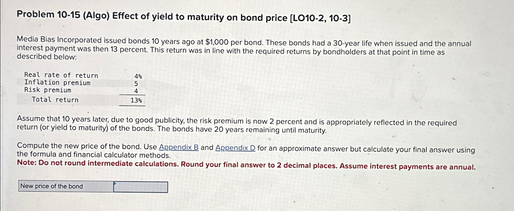 Solved Problem 10-15 (Algo) ﻿Effect of yield to maturity on | Chegg.com