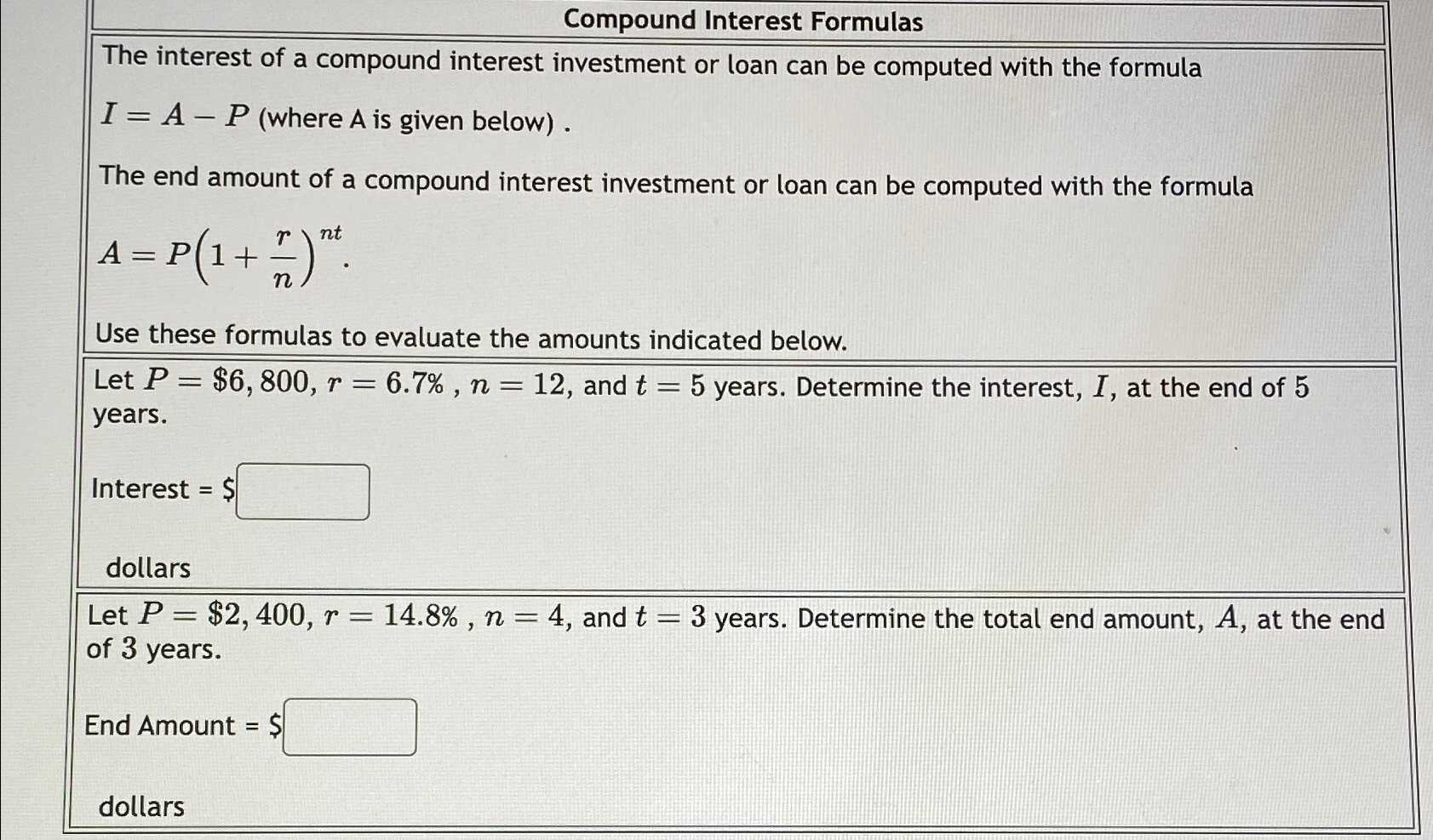 Solved Compound Interest FormulasThe interest of a compound | Chegg.com