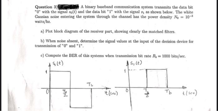 Question 3) A binary baseband communication system | Chegg.com
