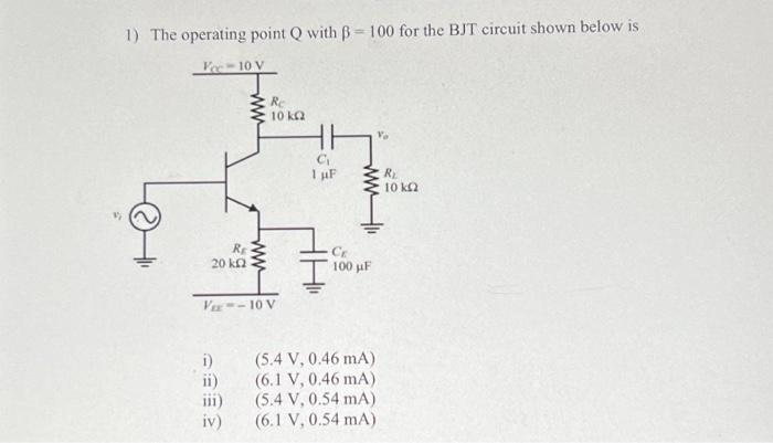 Solved 1) The operating point Q with ß= 100 for the BJT | Chegg.com