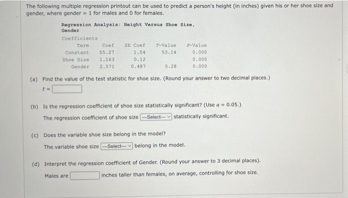 Solved The following multiple regression printout can be | Chegg.com