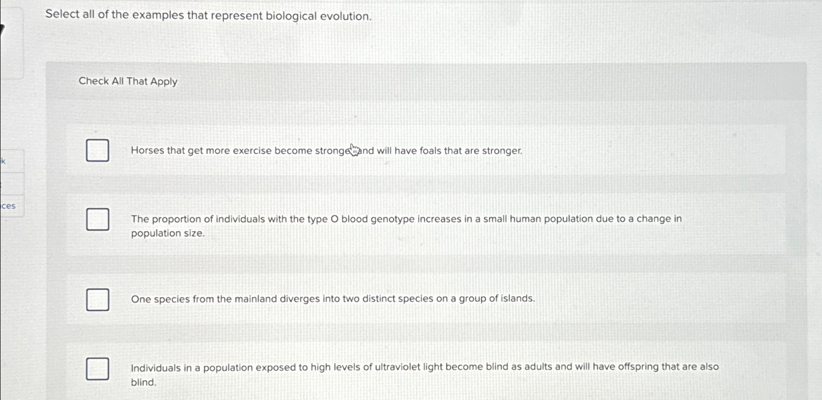 Solved Select all of the examples that represent biological | Chegg.com