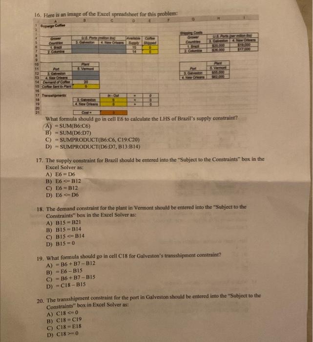 16. Here is an image of the Excel spreadsheet for | Chegg.com