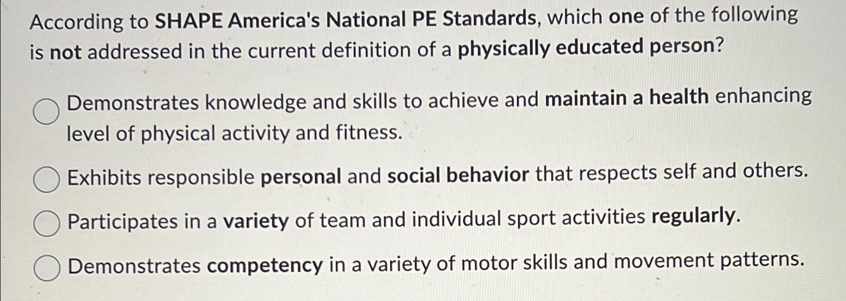 Solved According to SHAPE America's National PE Standards, | Chegg.com