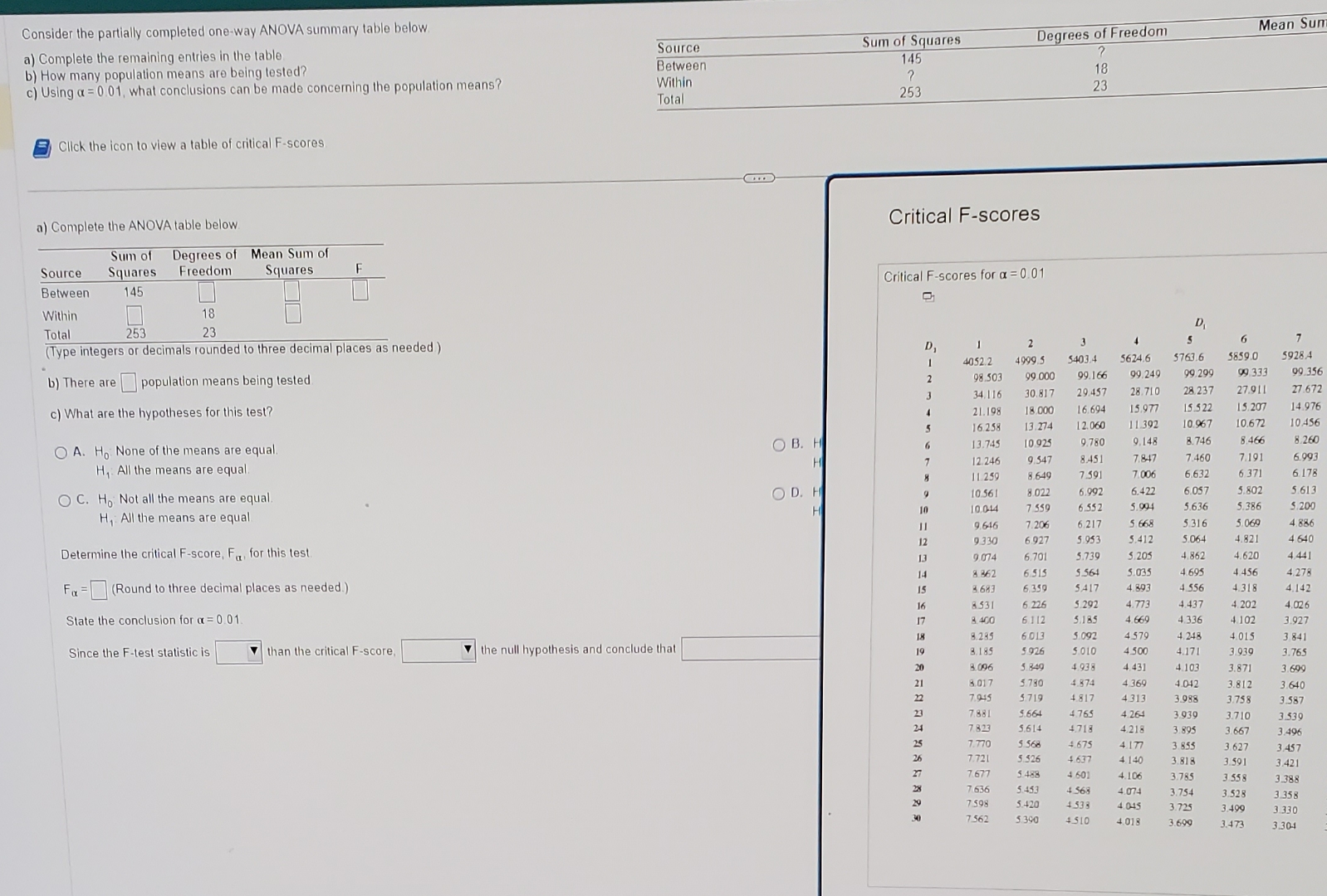 Solved QuesConsider the partially completed one-way ANOVA | Chegg.com