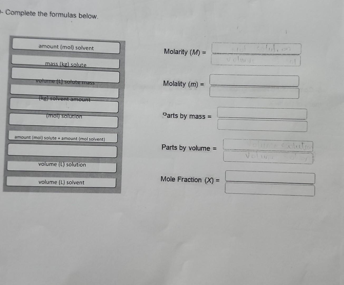 Solved - Complete the formulas below. Molarity (M)= Molality | Chegg.com