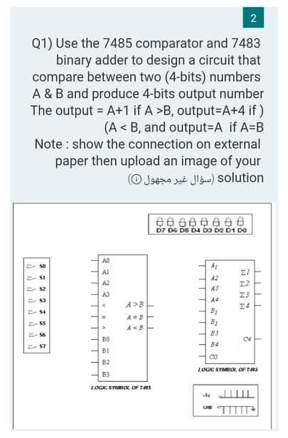 Solved 2 Q1) Use the 7485 comparator and 7483 binary adder | Chegg.com