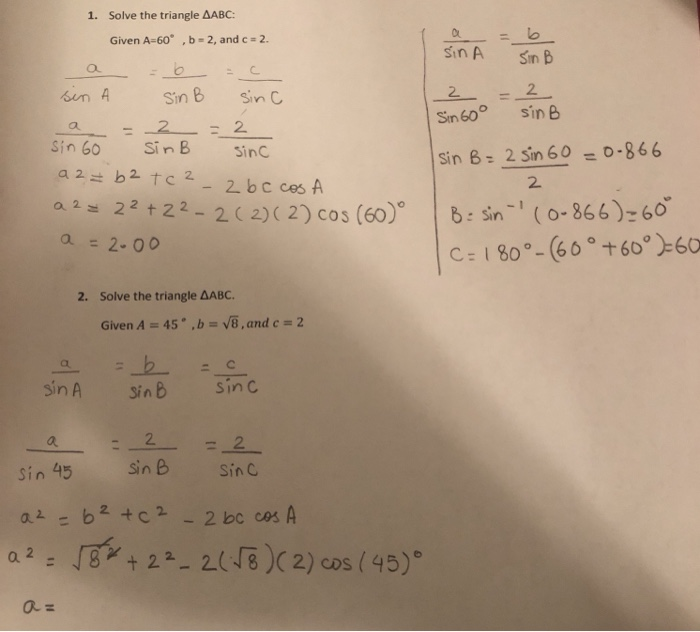 Solved 1 Solve The Triangle AABC Given A 60 B 2 And C 2 Chegg