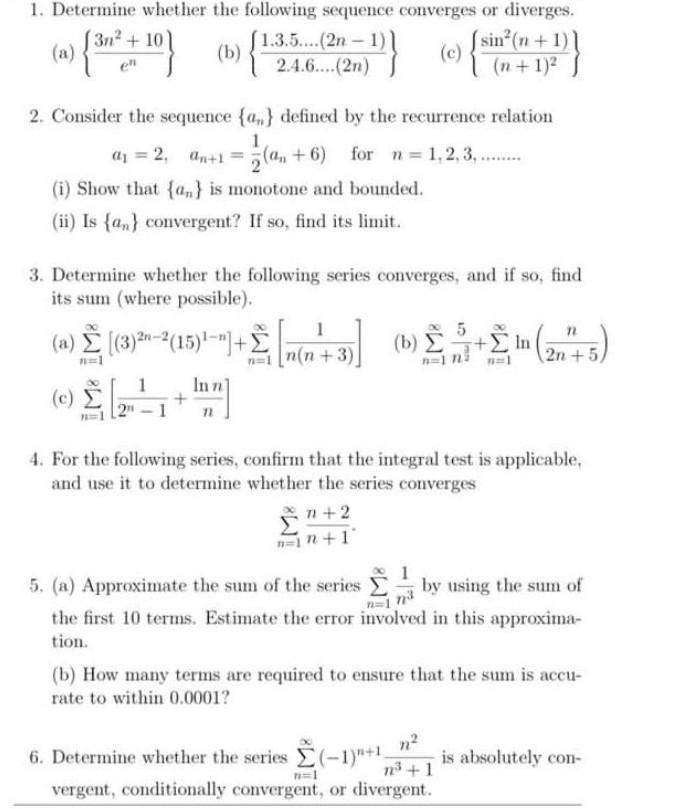 Solved 1. Determine whether the following sequence converges | Chegg.com