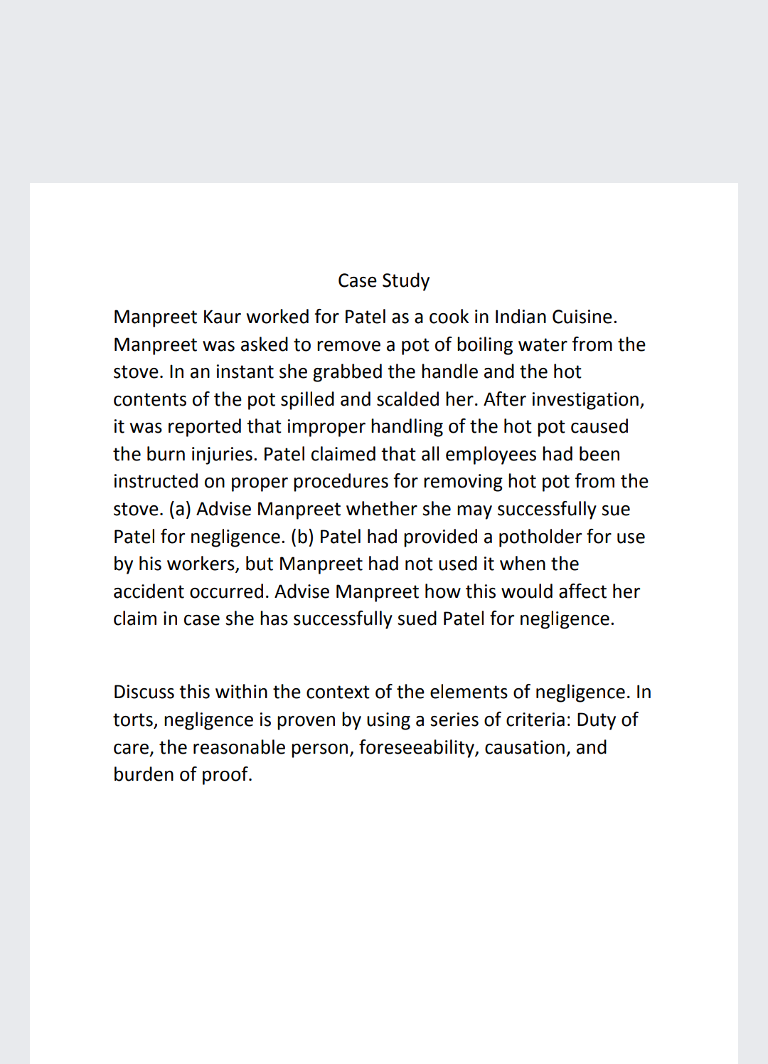 Solved Case Study Manpreet Kaur worked for Patel as a cook | Chegg.com