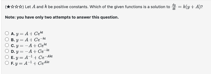 Solved Let A and k ﻿be positive constants. Which of the | Chegg.com