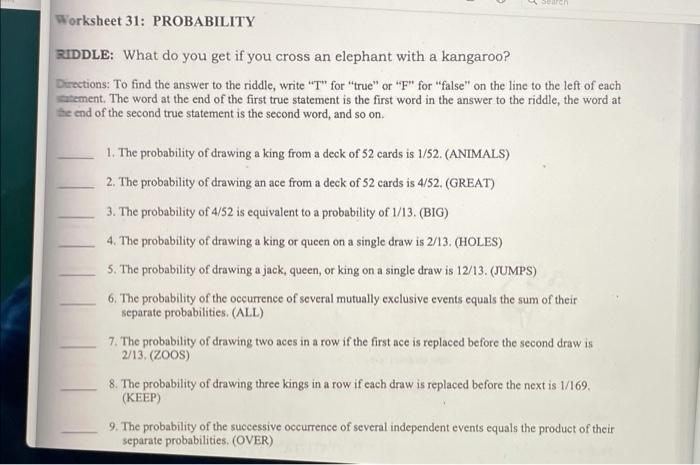 Solved Worksheet 31: PROBABILITY RIDDLE: What do you get if | Chegg.com